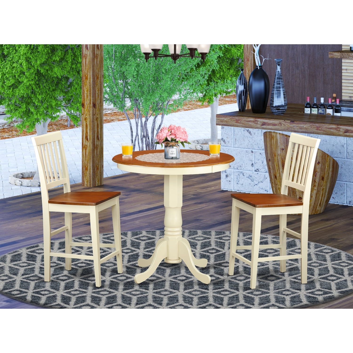 East West Furniture Eden 3-piece Dining Set with Stool in Buttermilk ...