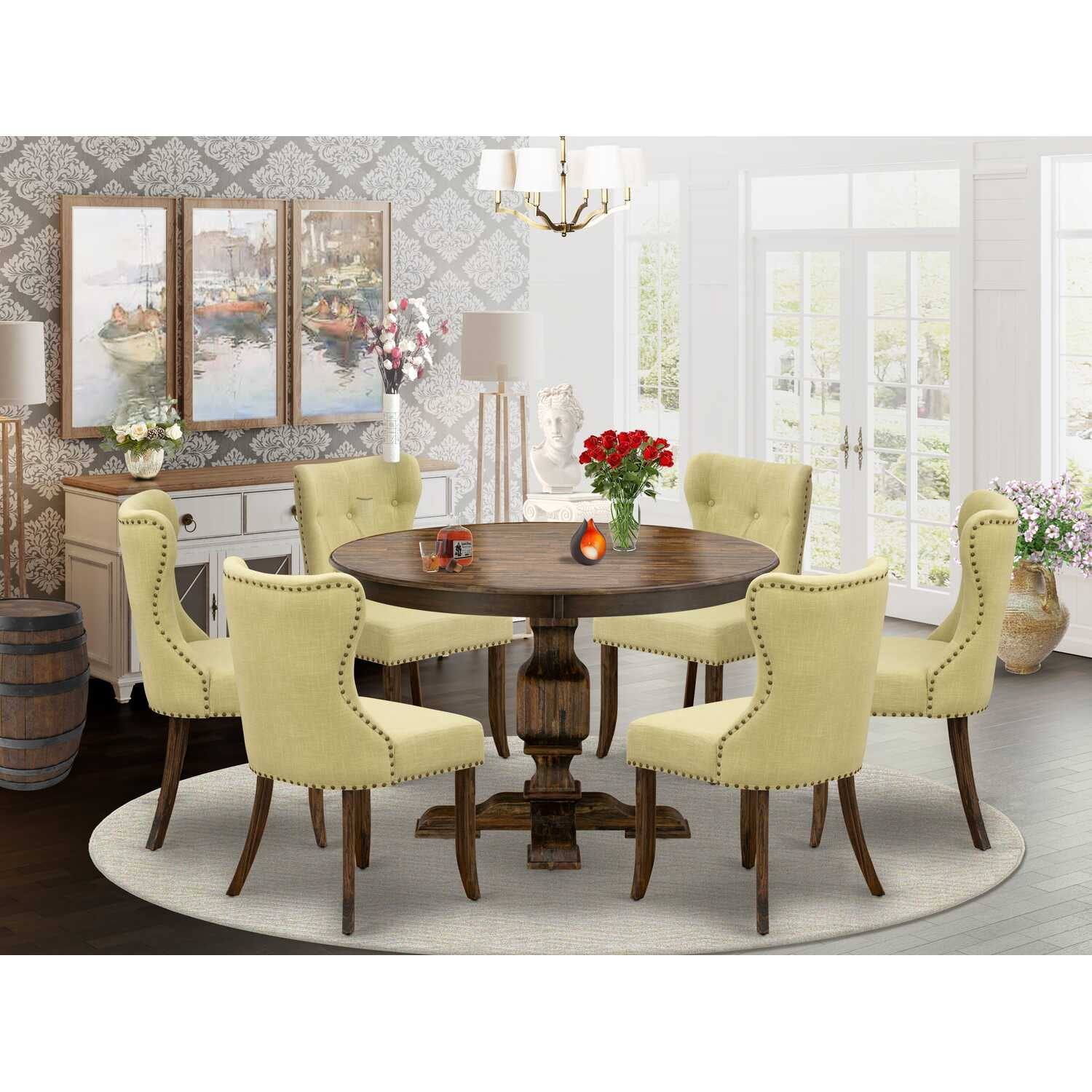 East West Furniture 7-Pc Dining Room Table Set - Modern Pedestal Dining ...