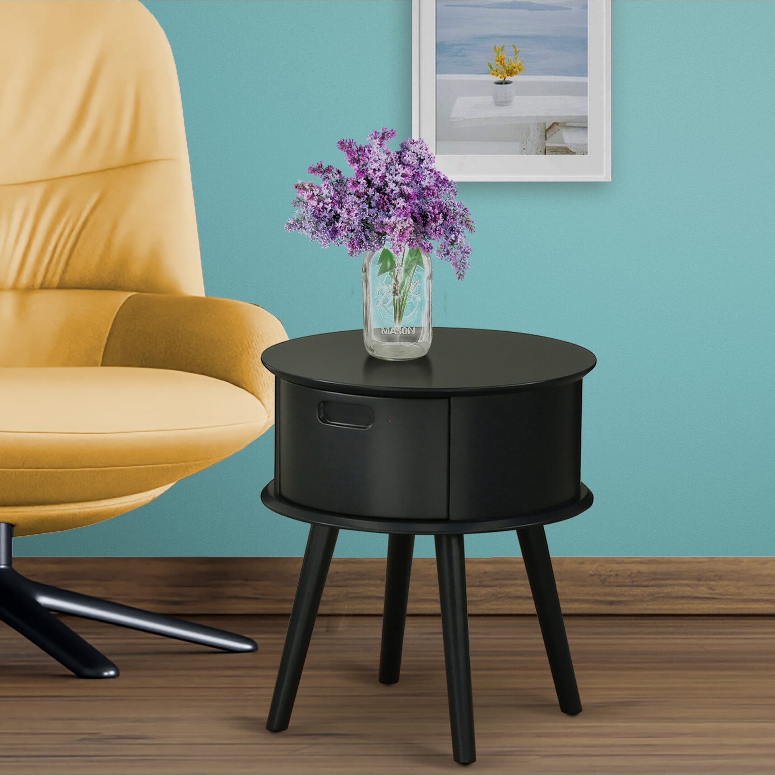 East West Furniture Gordon 19" Round Wood Nightstand with Drawer in ...