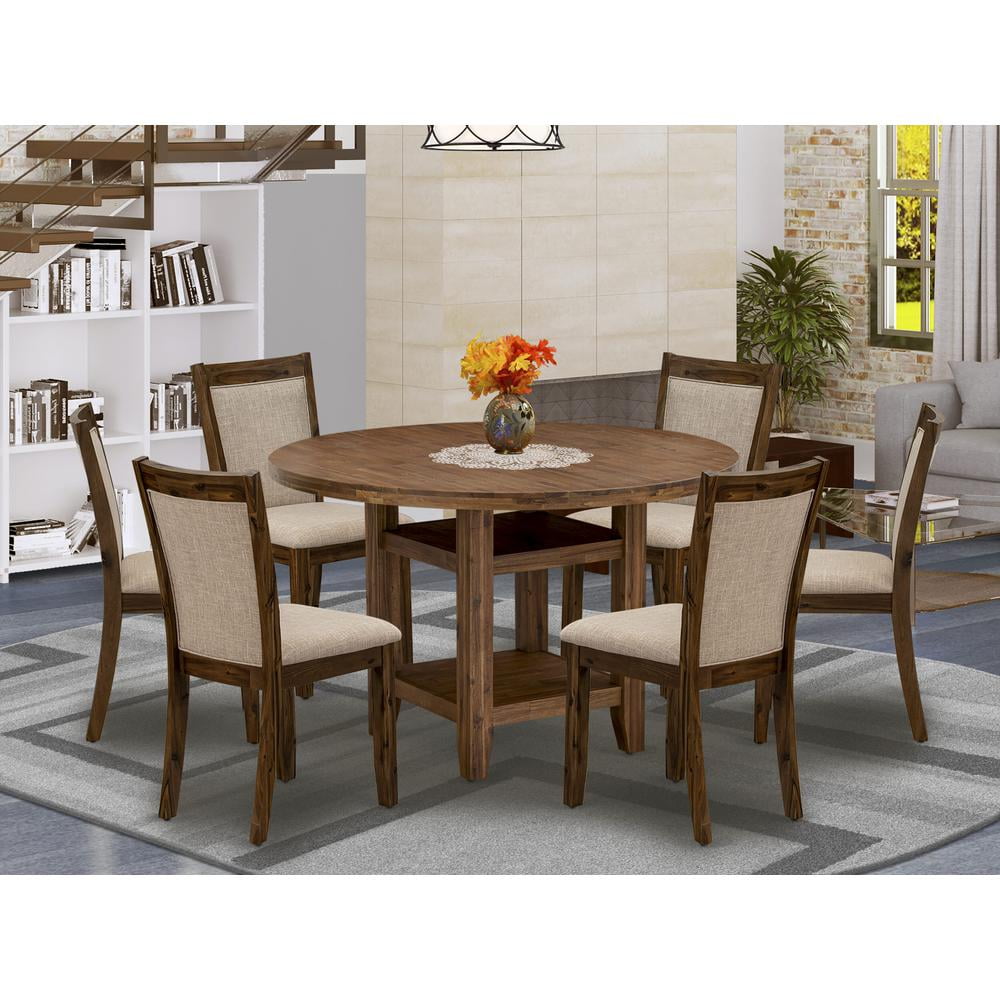 East West Furniture 7-Piece Dinner Table Set - Round Modern Dining Table and 6 Light Tan Color ...