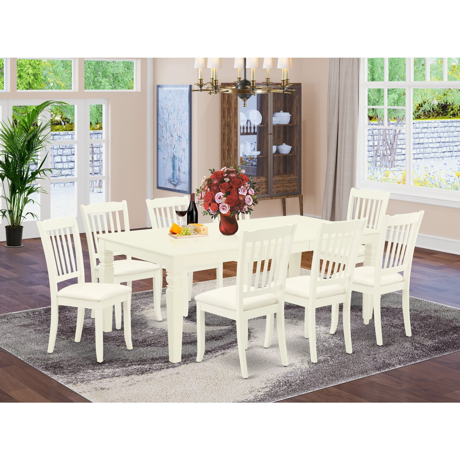 East West Furniture Logan 9-piece Dining Set with Cushion Seat in Linen ...
