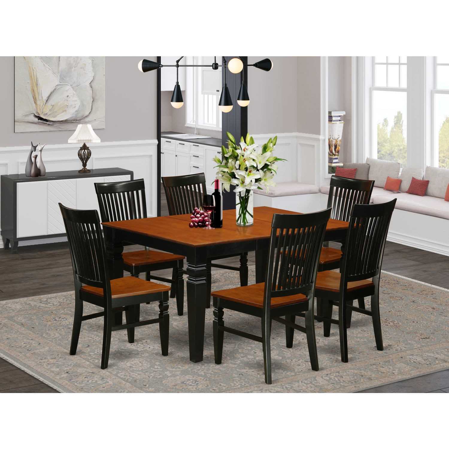 East West Furniture Rectangle Table & 4 Wood Seat Dinette Chairs ...