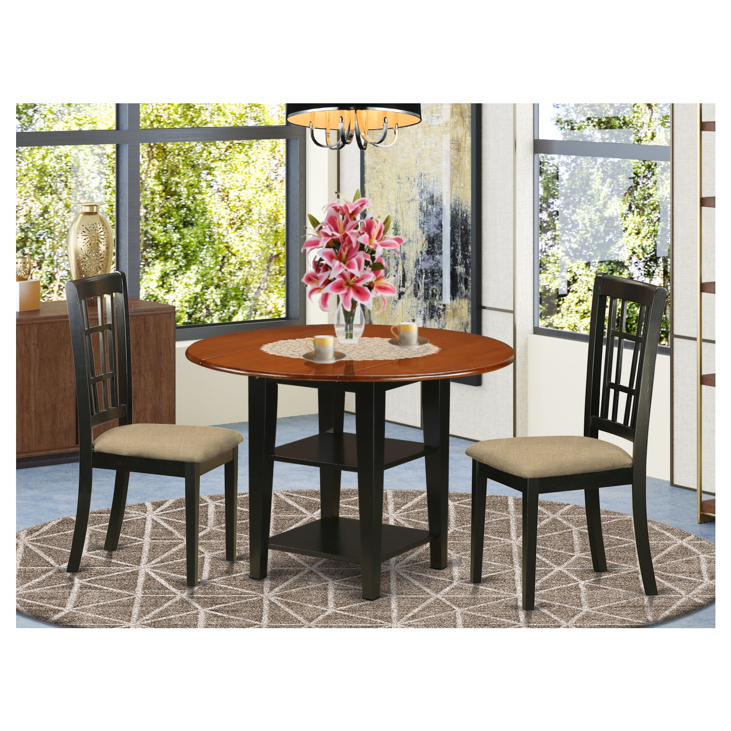 East West Furniture Sudbury 3-piece Table and Dining Chairs in Black ...