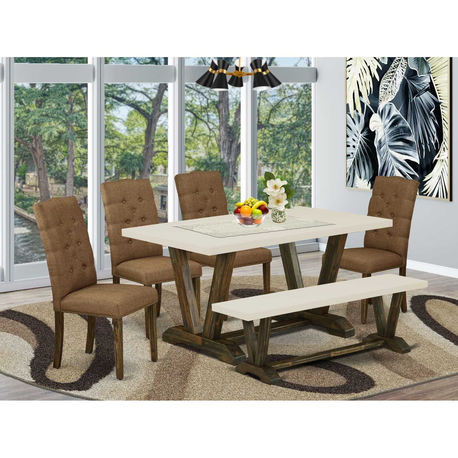 East West Furniture V-Style 6-piece Wood Dining Set in Jacobean/Brown ...