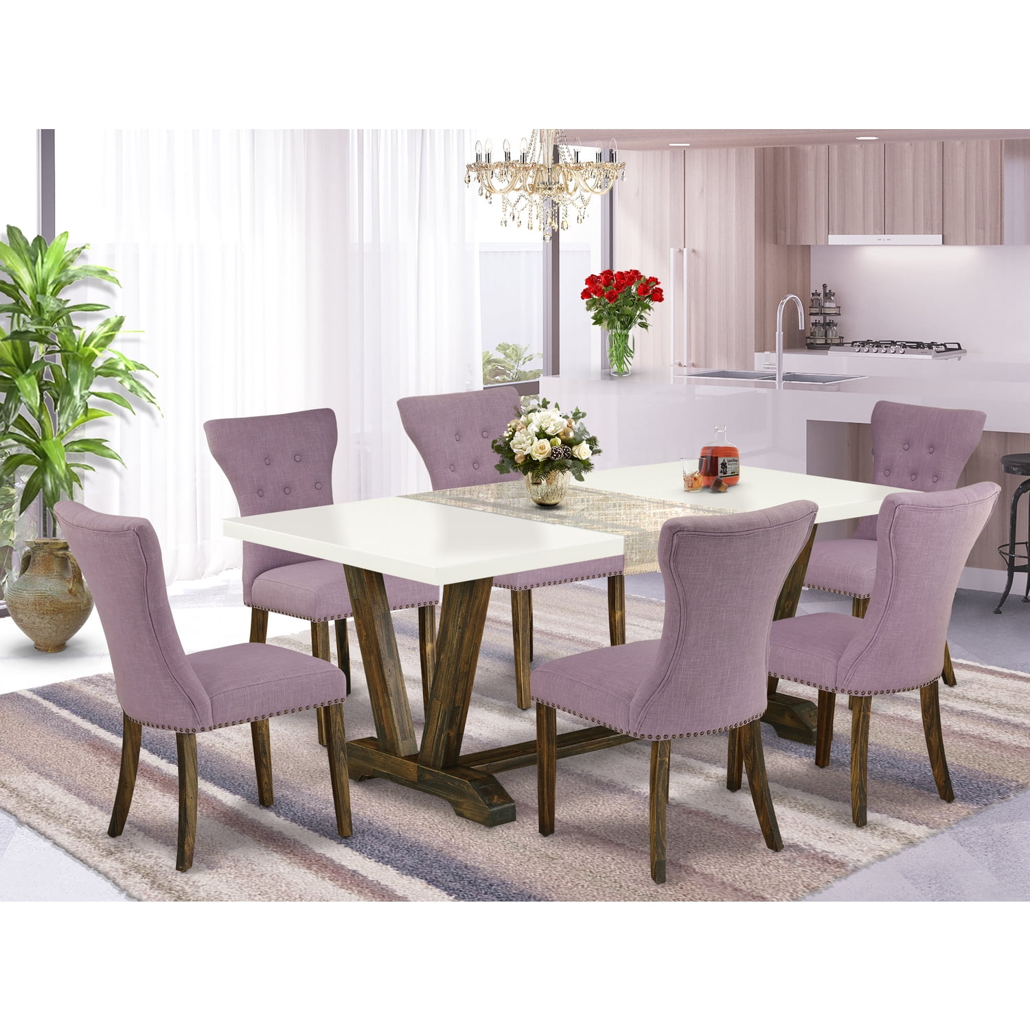 East West Furniture V-Style 7-piece Wood Dining Set in Jacobean Brown ...