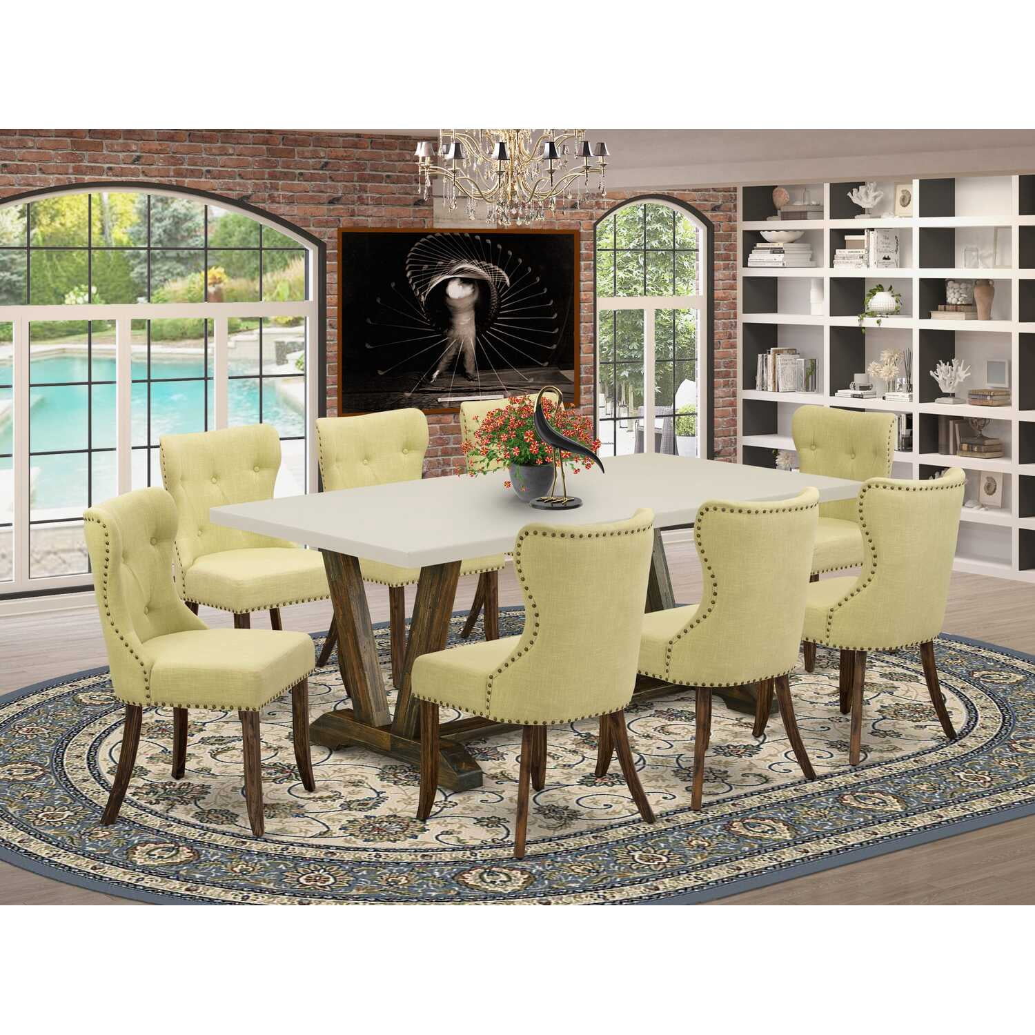 East West Furniture V-Style 9Pcs Wood Dining Set in Jacobean Brown ...