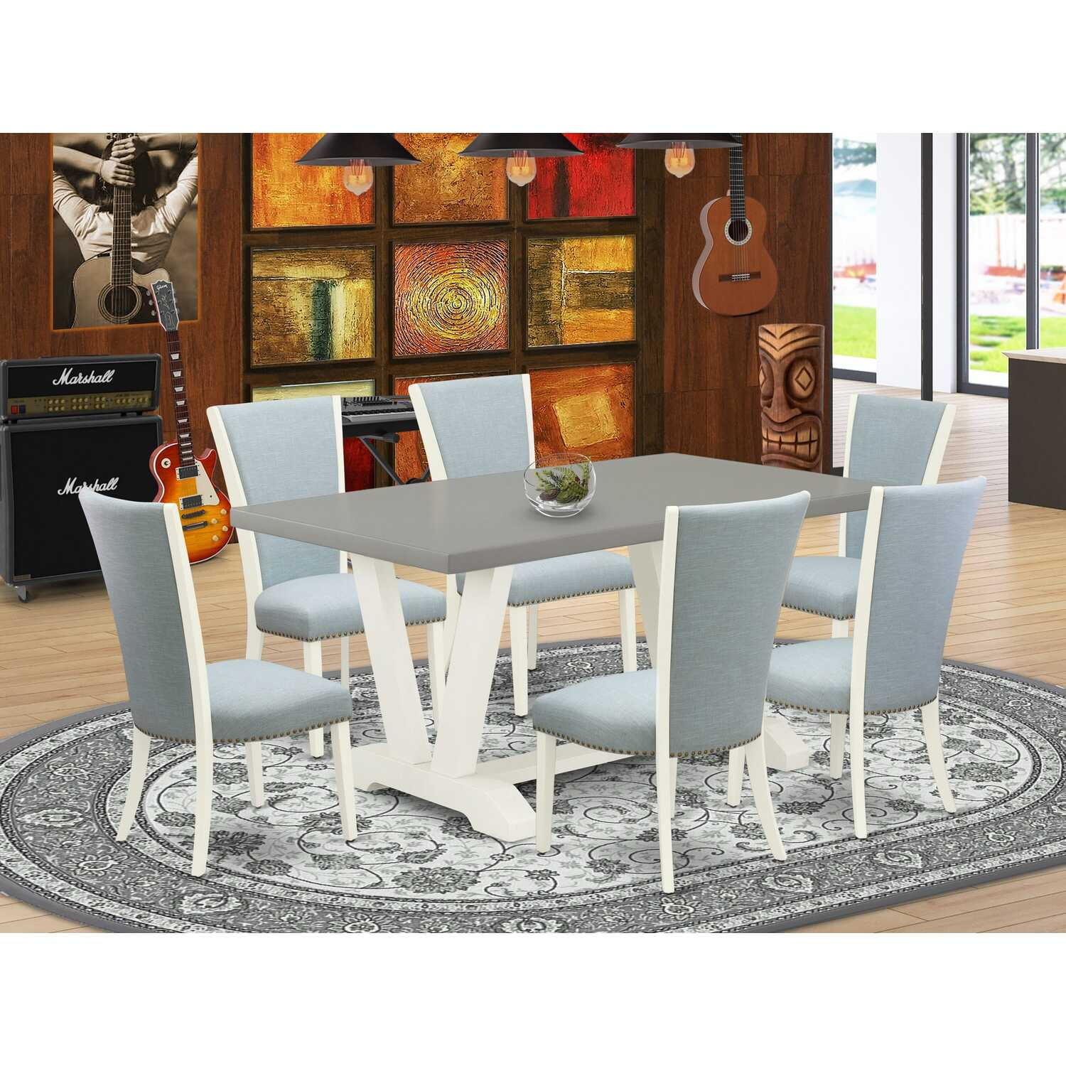 East West Furniture V-Style 7-piece Dining Room Set in Linen White/Baby ...