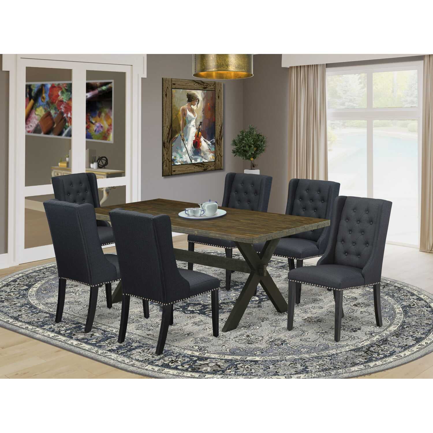 East West Furniture X677FO624-7 7 Pc Dining Table Set - 6 Black Linen ...