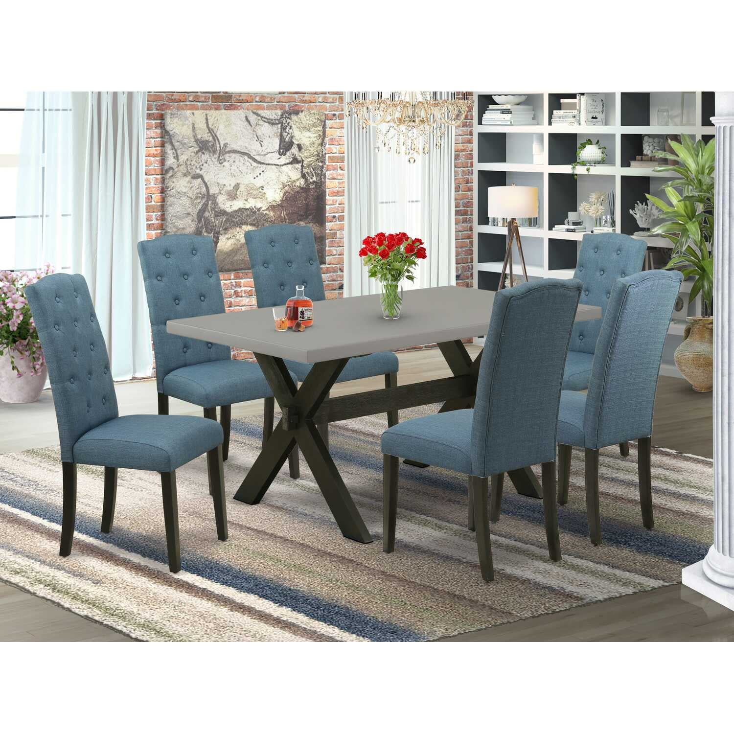 East West Furniture X-Style 7-piece Wood Kitchen Table Set in Black ...