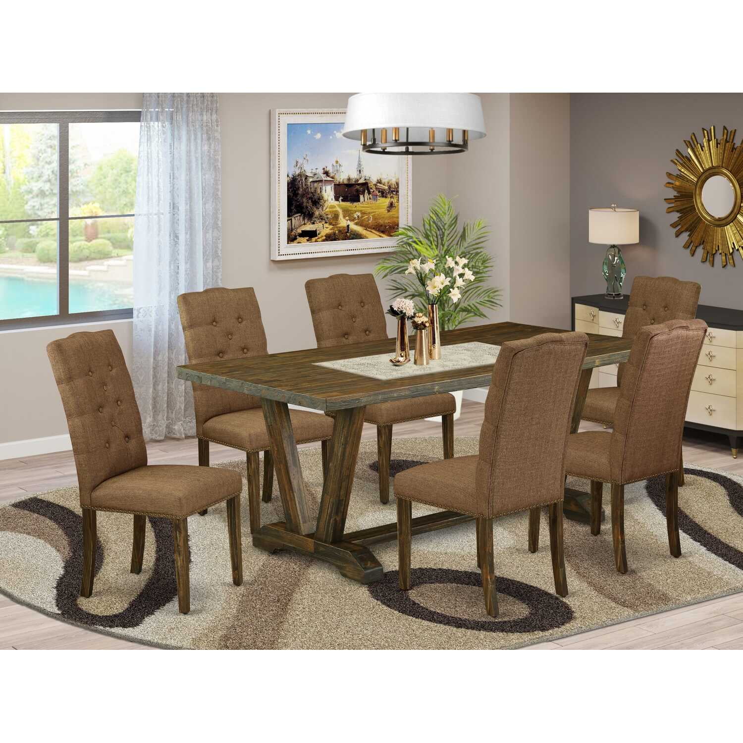East West Furniture X027EL207-7 - 7-Piece Dinette Set - 6 Parson Chairs and a Dining Table Solid ...