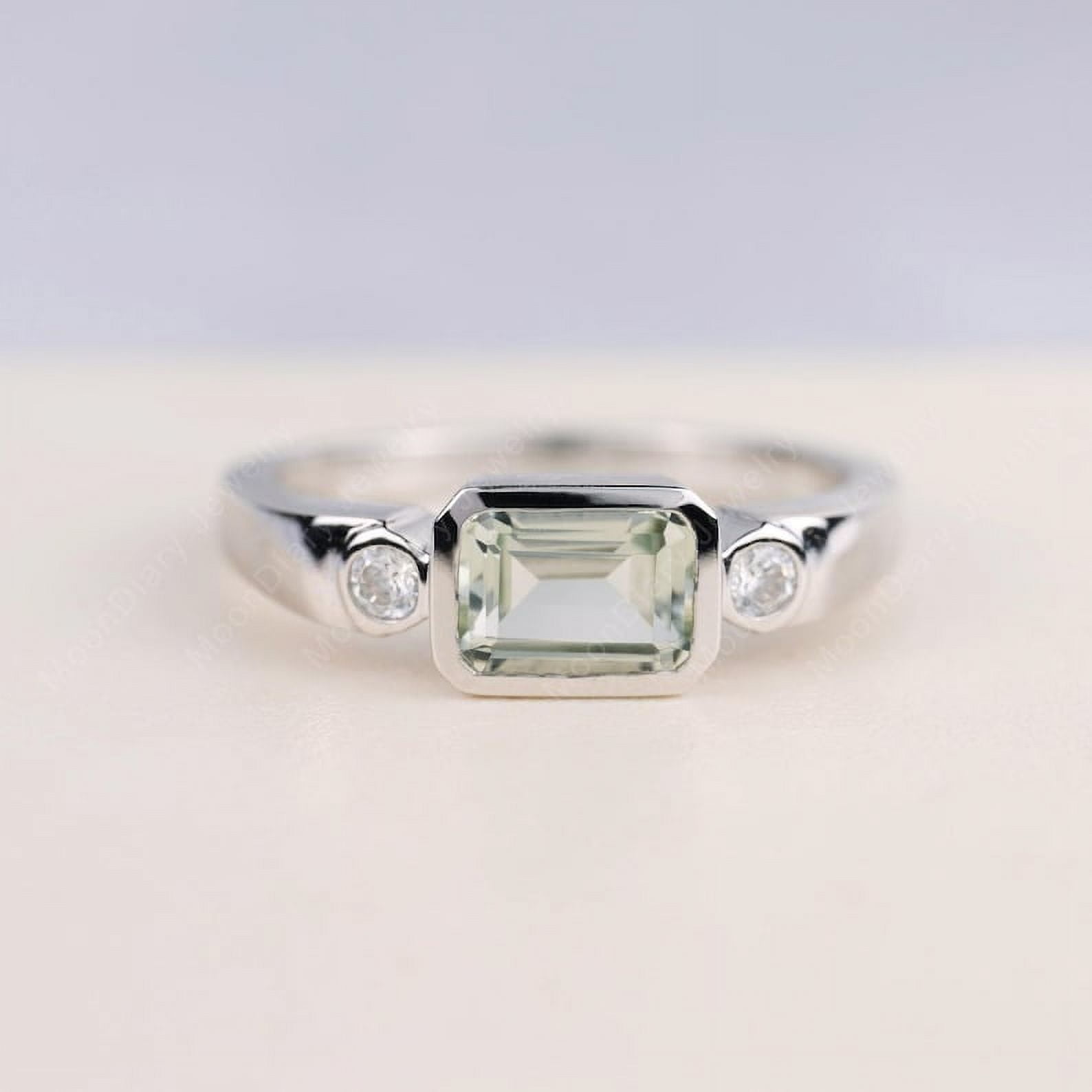 East West Green Amethyst Engagement Ring Two Round Side Stones Sterling ...
