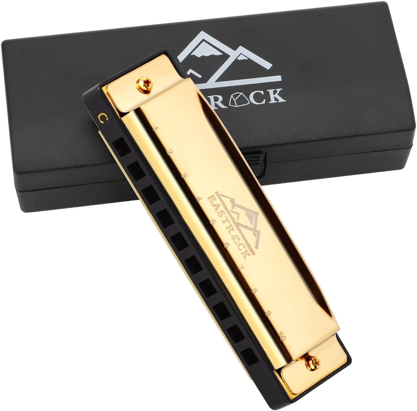 EastRock 10 Holes Key of C Gold Harmonica, Portable Blues Harp for ...