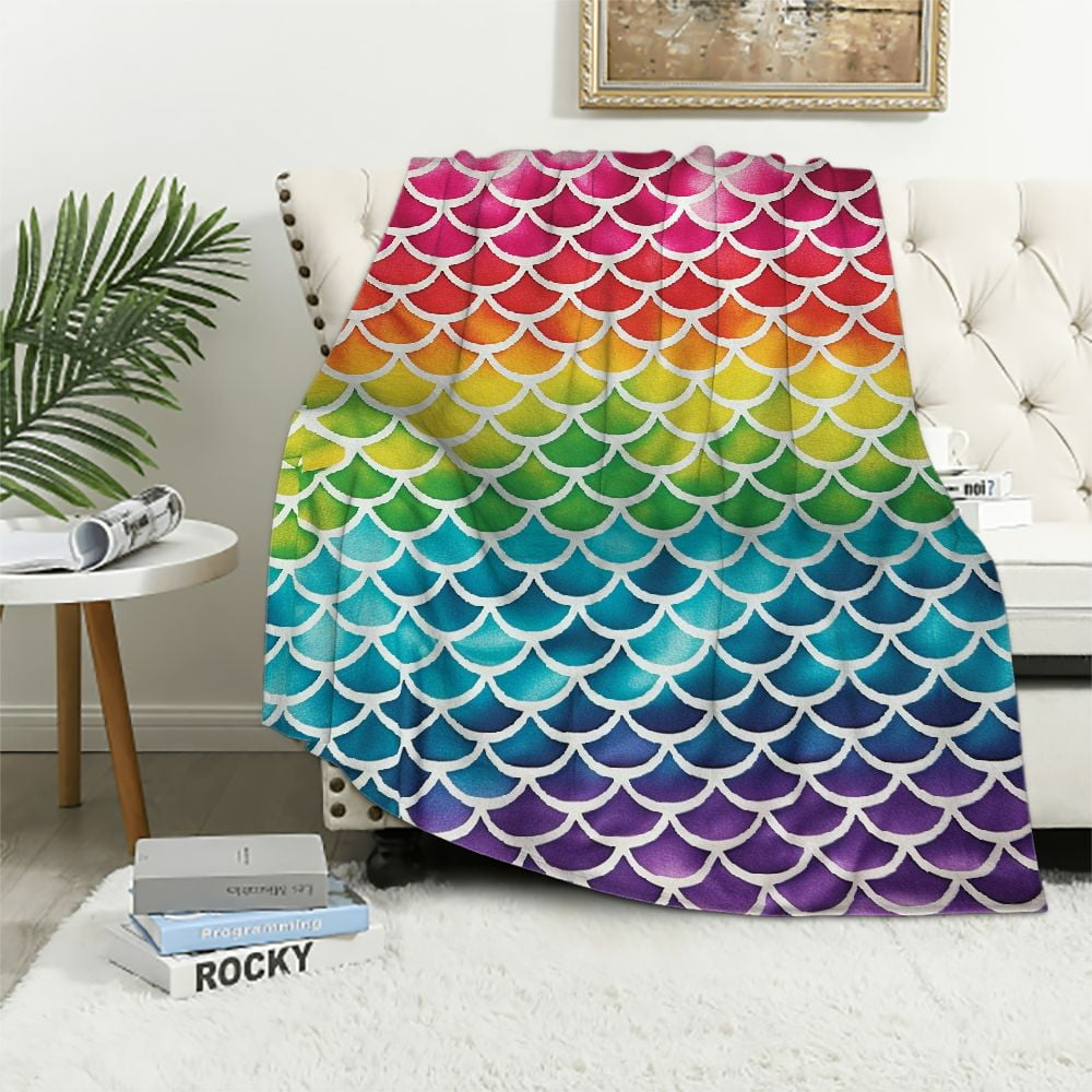 EastSmooth Abstract Throw Blanket, Rainbow Toned Fish Scale Pattern ...