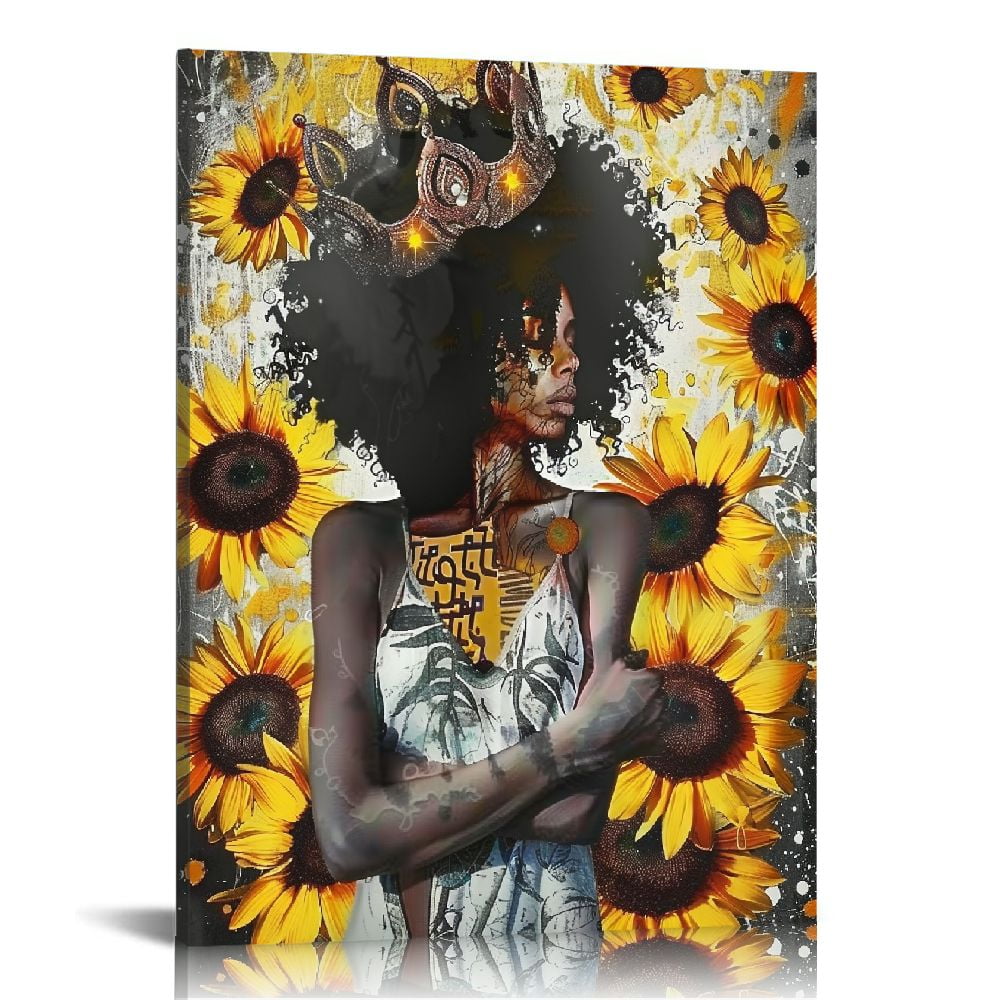 EastSmooth African American Wall Art Black Girl Sunflower Women Canvas Wall Art Pictures Modern ...