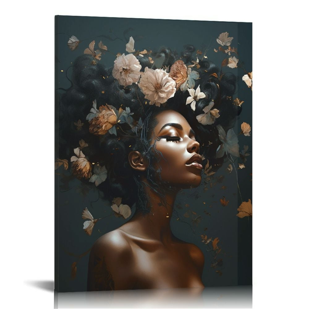 EastSmooth African American Wall Art White Flower on Black Women Head Vintage Canvas Art ...
