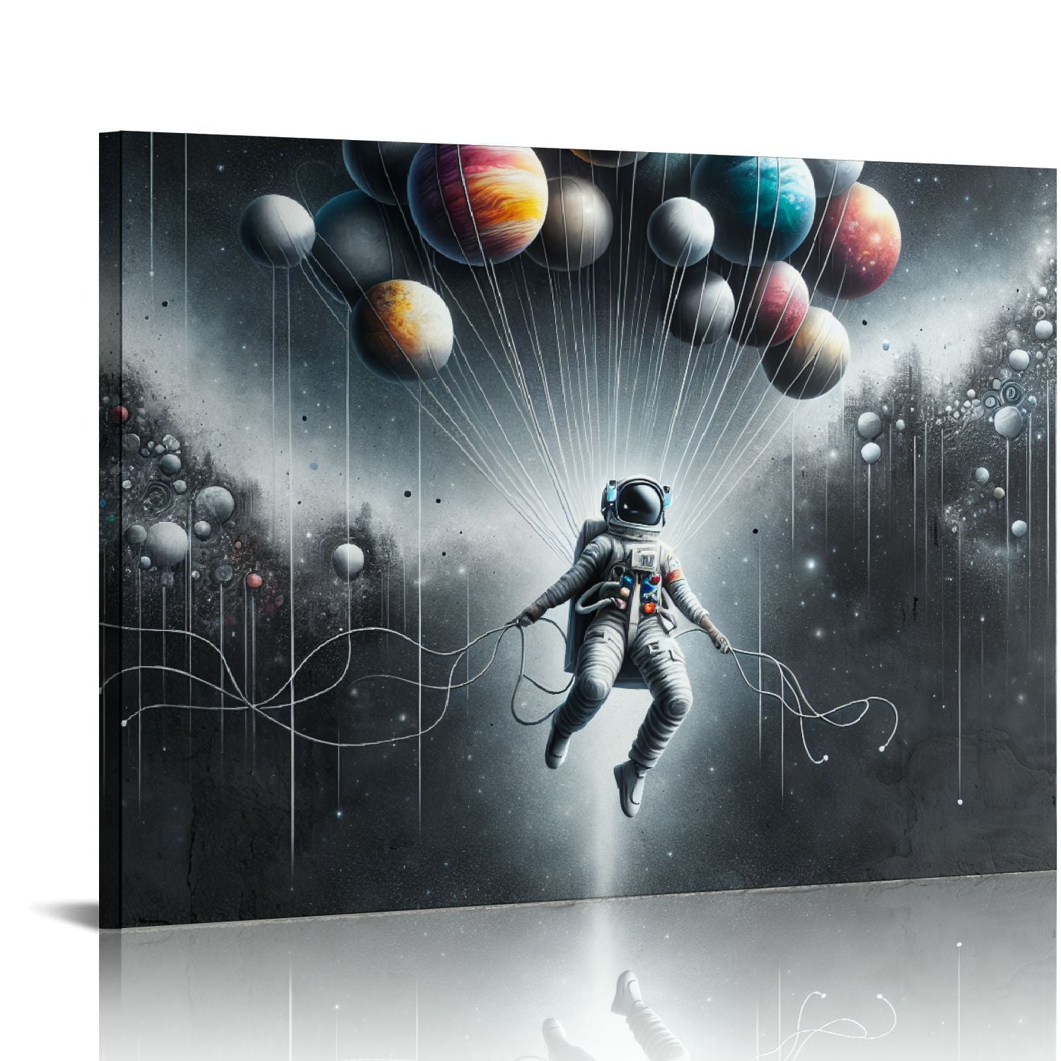 QCPP Astronaut Holding Planetary Balloon Wall Art, Cosmic Space Theme Canvas Picture Art Print ...
