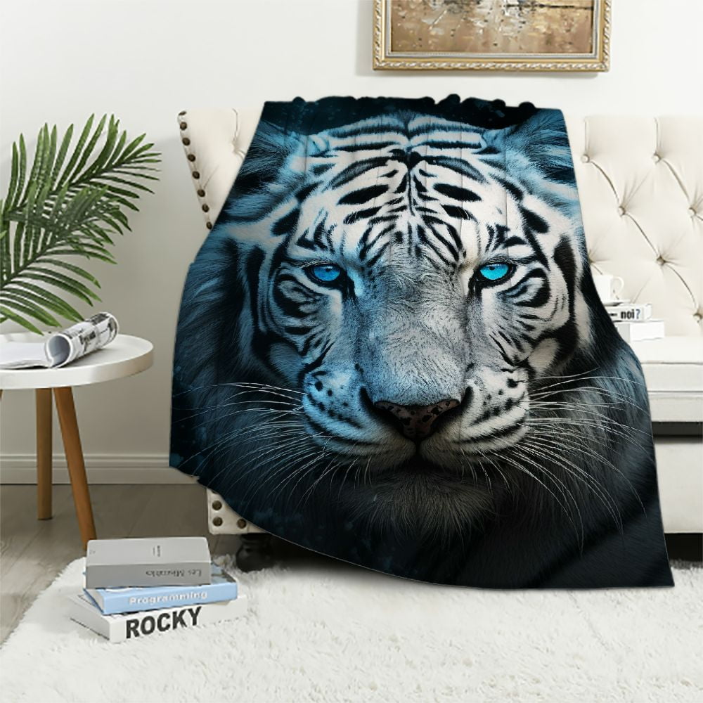 QCPP Blue Eyes White Tiger Throw Blanket Soft Flannel Plush Lightweight ...