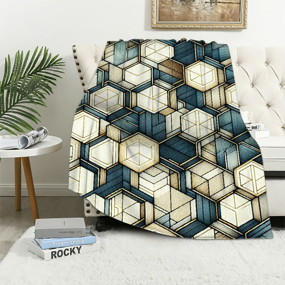 QCPP Blue Grey Modern Geometric Throw Blanket, Watercolor Deep Blue ...