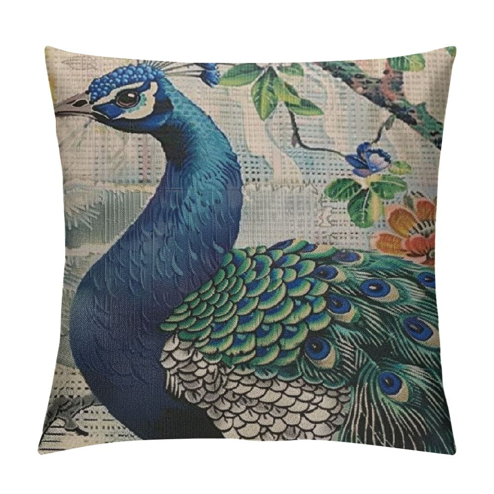 Lingy Blue Peacock Pillow Cover Beautiful Watercolor Flowers Peony Bird ...
