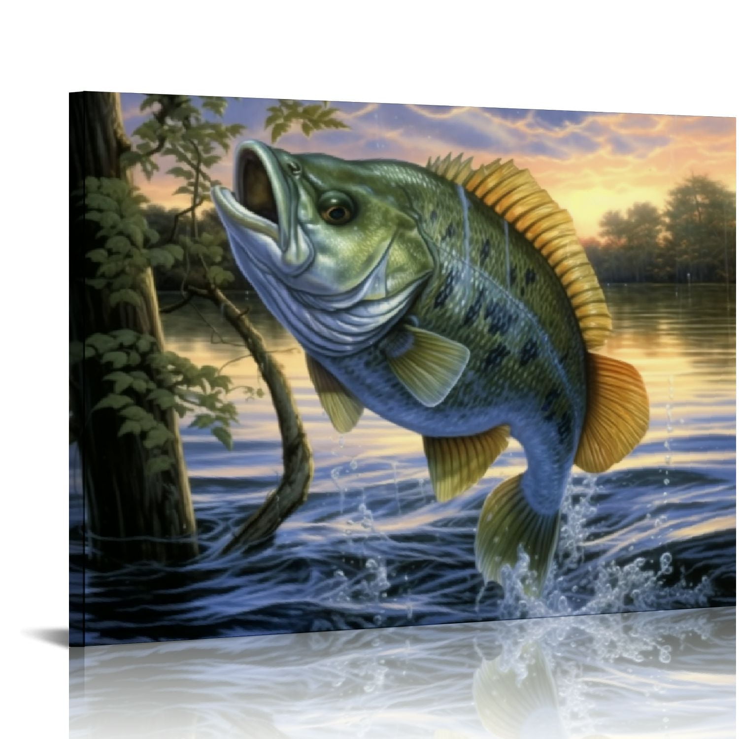 QCPP Canvas Print Wall Art - Sunset Bass Fish Jumping Out of The Water ...