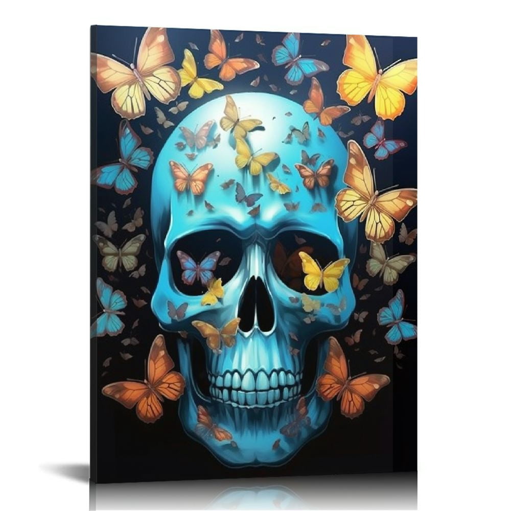 EastSmooth Canvas Wall Art,Butterfly Skull Print Canvas Painting for ...