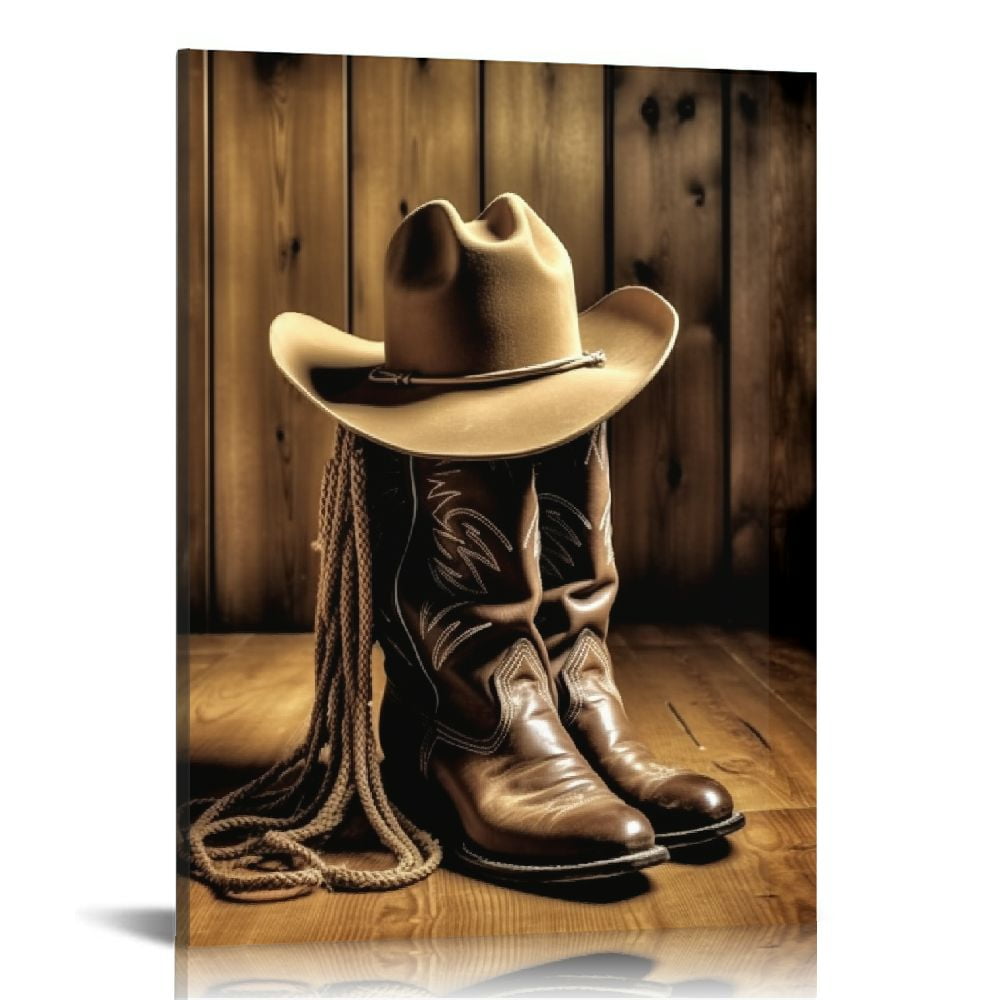 EastSmooth Canvas Wall Art Framed Western Decor Cowboy Hat Boot Saddle Leather Rancher Vintage ...