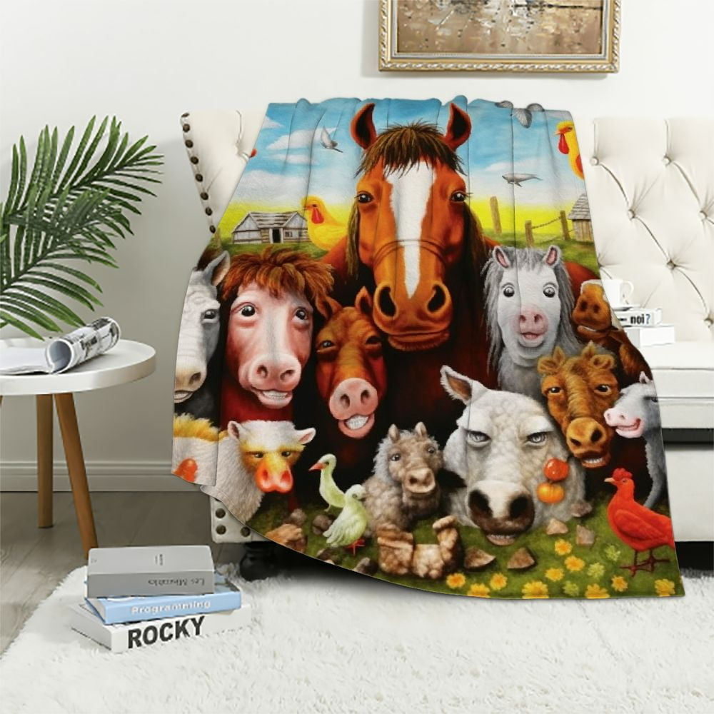 QCPP Cartoon Selfie Farm Animals Blanket for Bed, Queen Size Animal ...