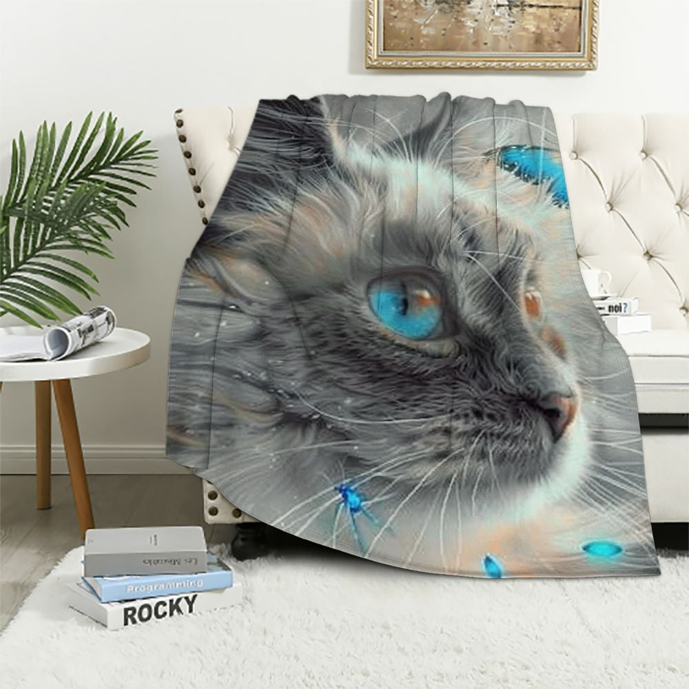 Lingy Cat Blanket Cat Gifts for Cat Lover Cat Blue Butterfly Throw ...