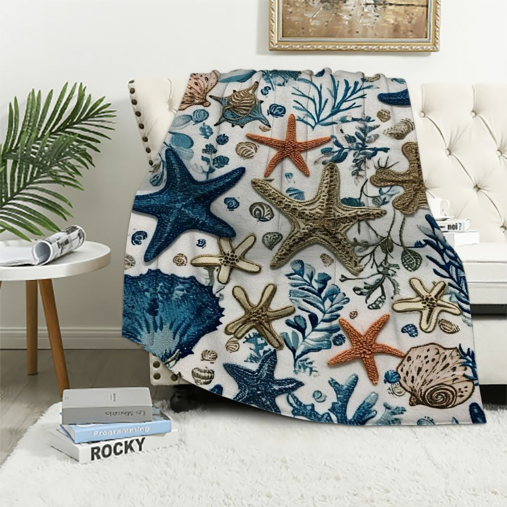 QCPP Coastal Ocean Beach Throw Blanket: Soft Plush Velvet Seashells ...