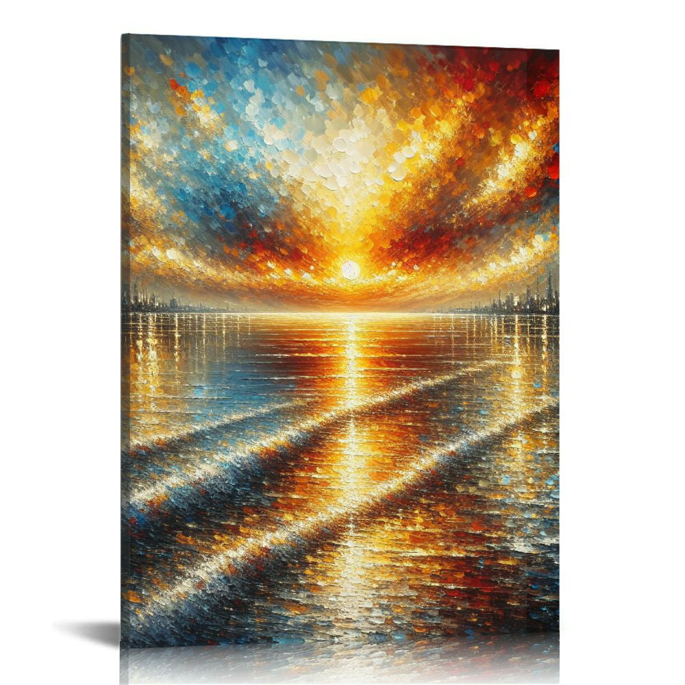 QCPP Colorful Ocean Sunset Abstract Beach Wall Art for Living Room Orange Red Warm Sunrise ...