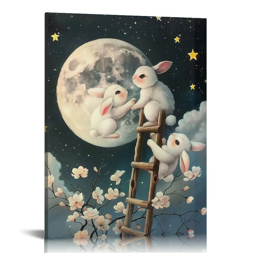 EastSmooth Cute Rabbit crawling towards the moon, wall art printing ...