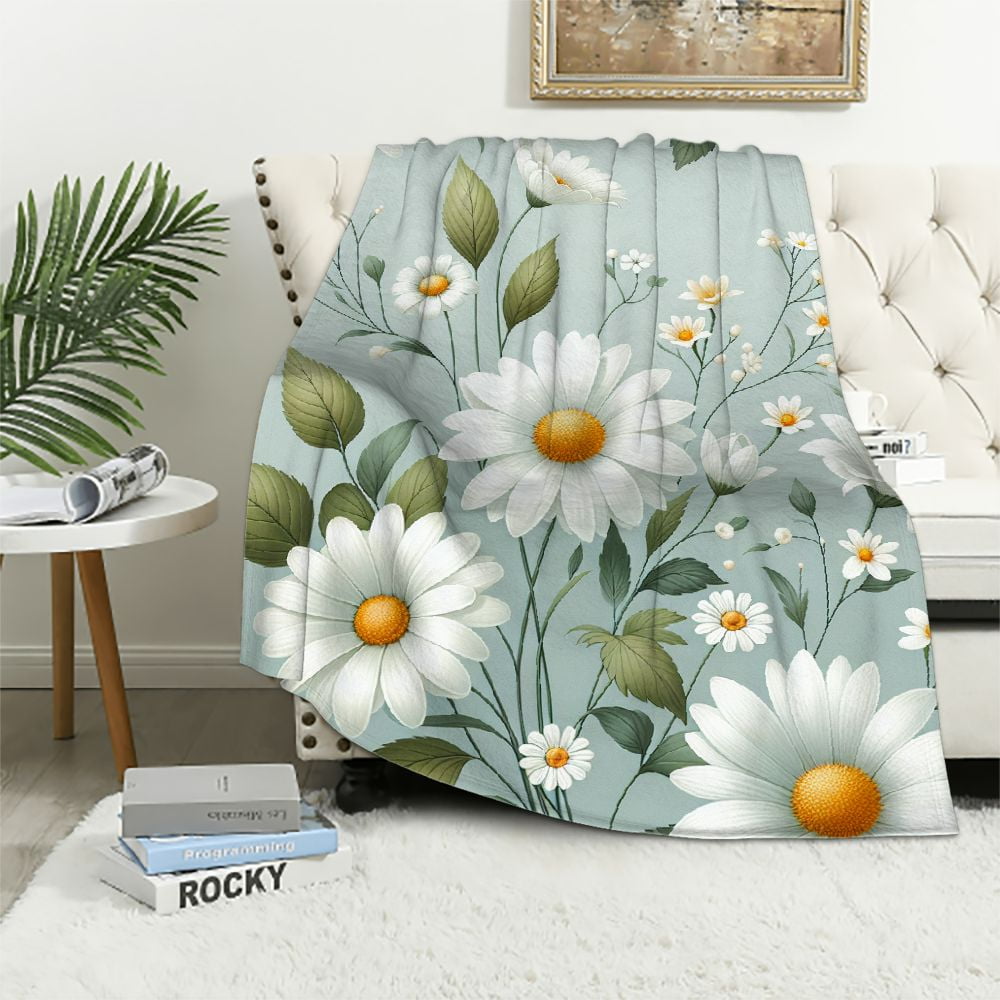 EastSmooth Daisy Throw Blanket White Floral Blanket Throw Blanket for Couch Sofa Bed Soft Cozy ...