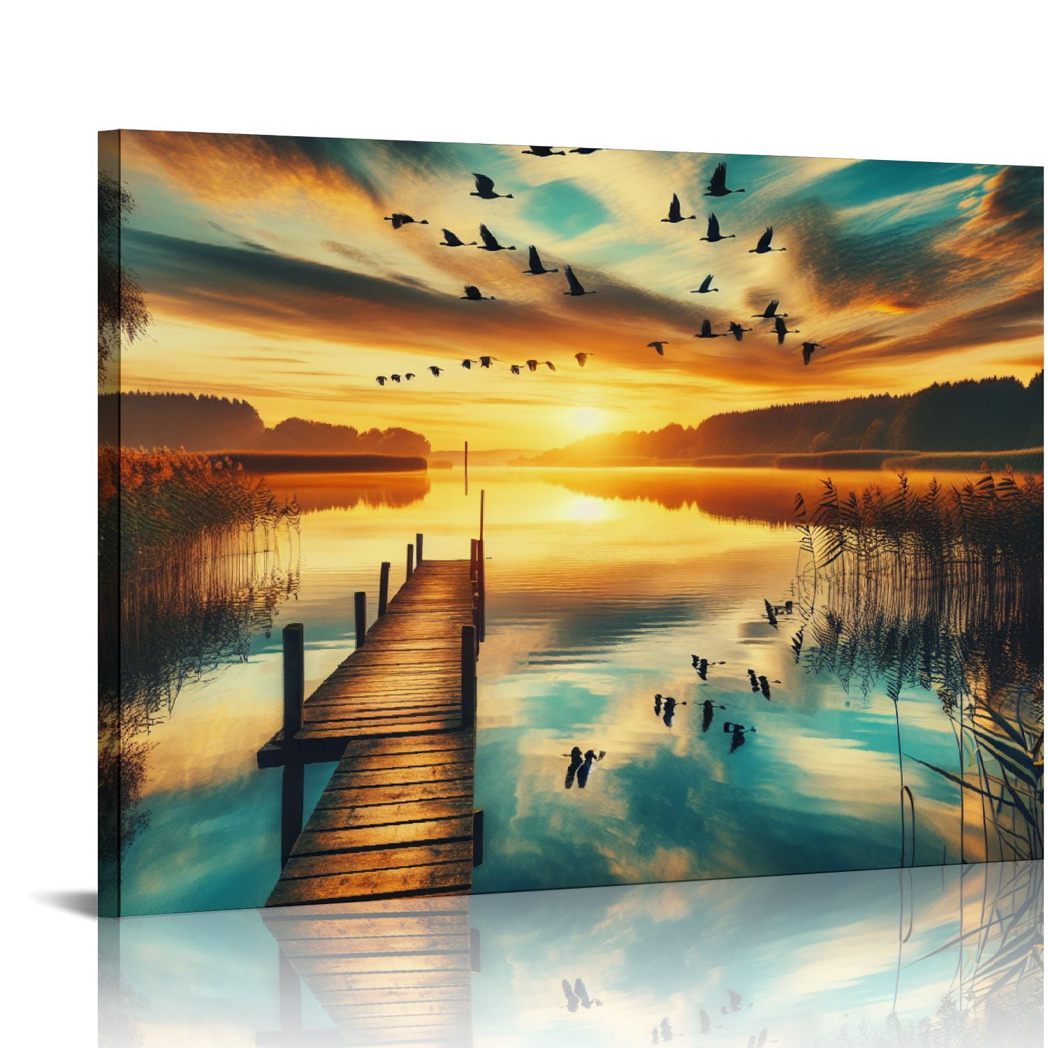 QCPP FC2250 Jetty In The Sunset Lake Wall Art Canvas Prints Nature Pictures Framed Landscape ...