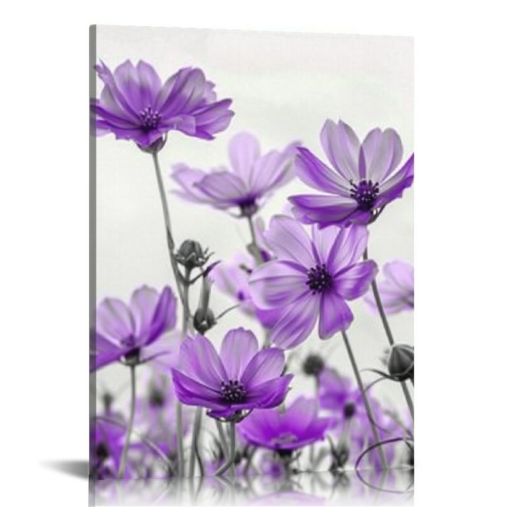 EastSmooth Flowers Wall Art Canvas Pictures Purple Wildflowers Black ...