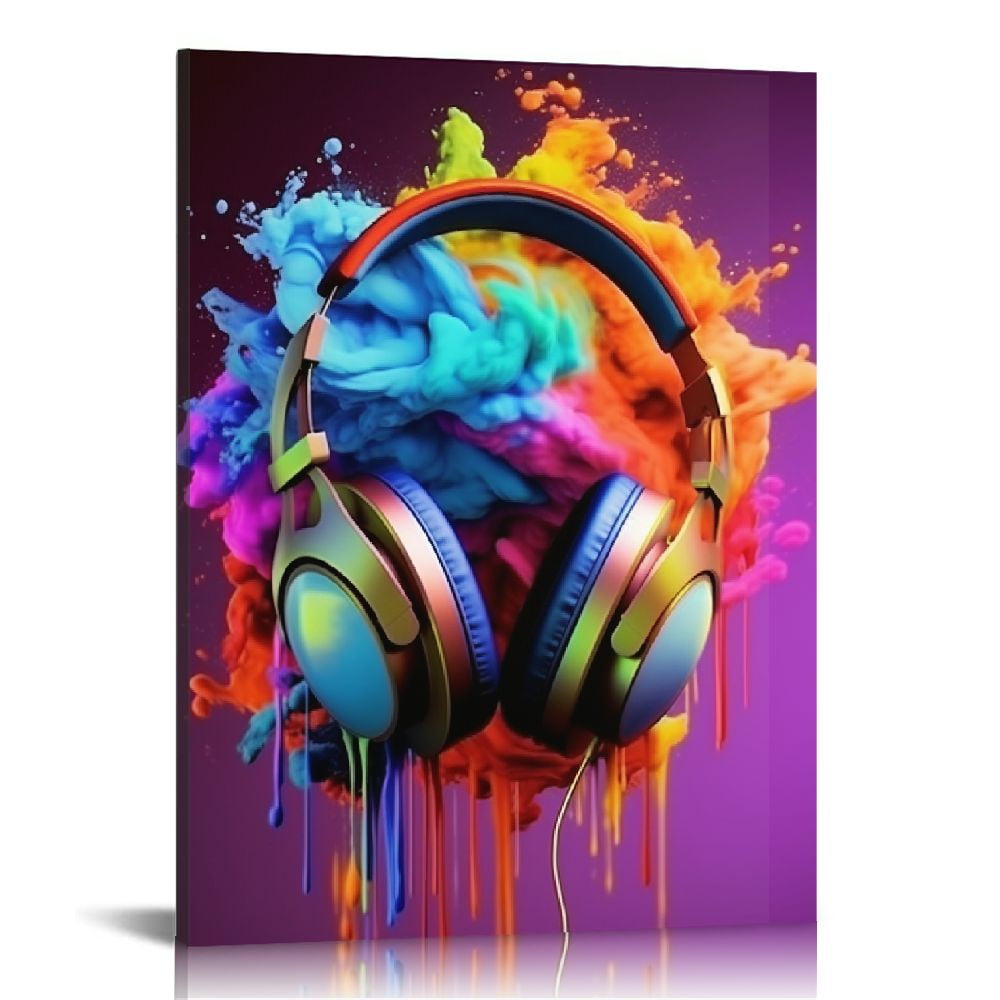 QCPP Framed Game Room Decorative Wall Art Color Earphone Theme Poster Neon Poster Print Picture ...