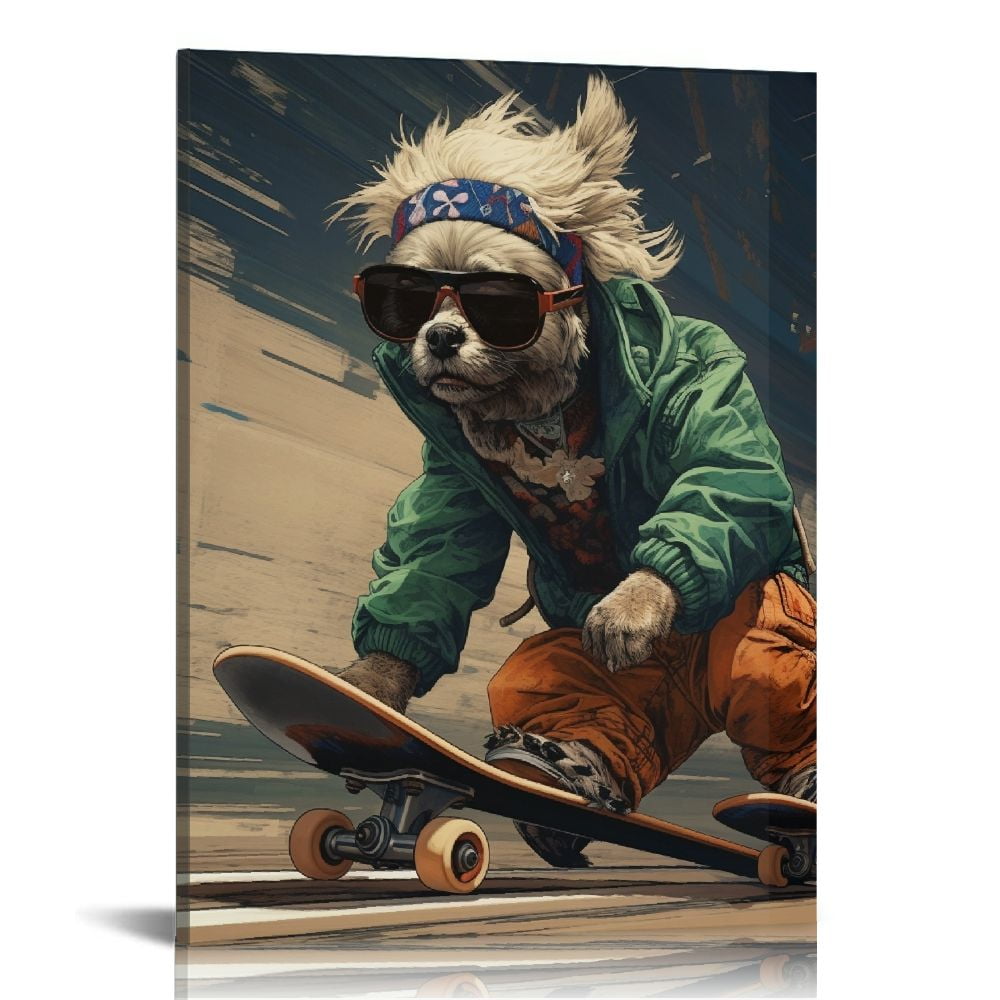 QCPP Funny Canvas Wall Art Funky Dog Play Skateboard Graffiti Picture ...