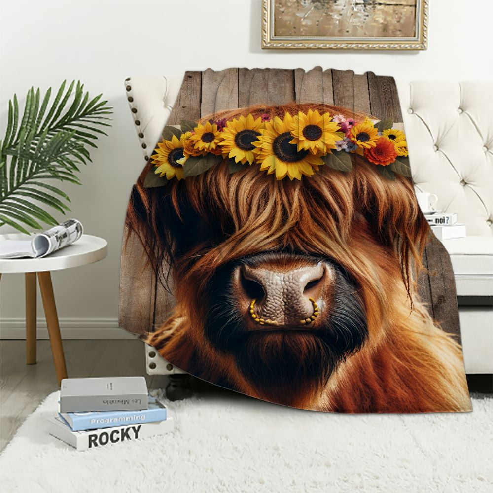 EastSmooth Highland Cow Blanket Sunflower Cow Pattern Flannel Throw ...