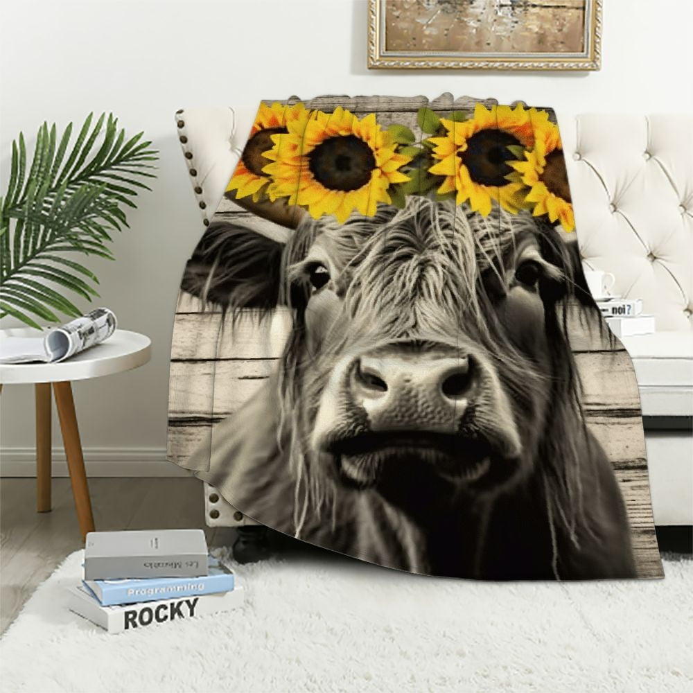 EastSmooth Highland Cow Blanket Sunflower Cow Pattern Flannel Throw ...