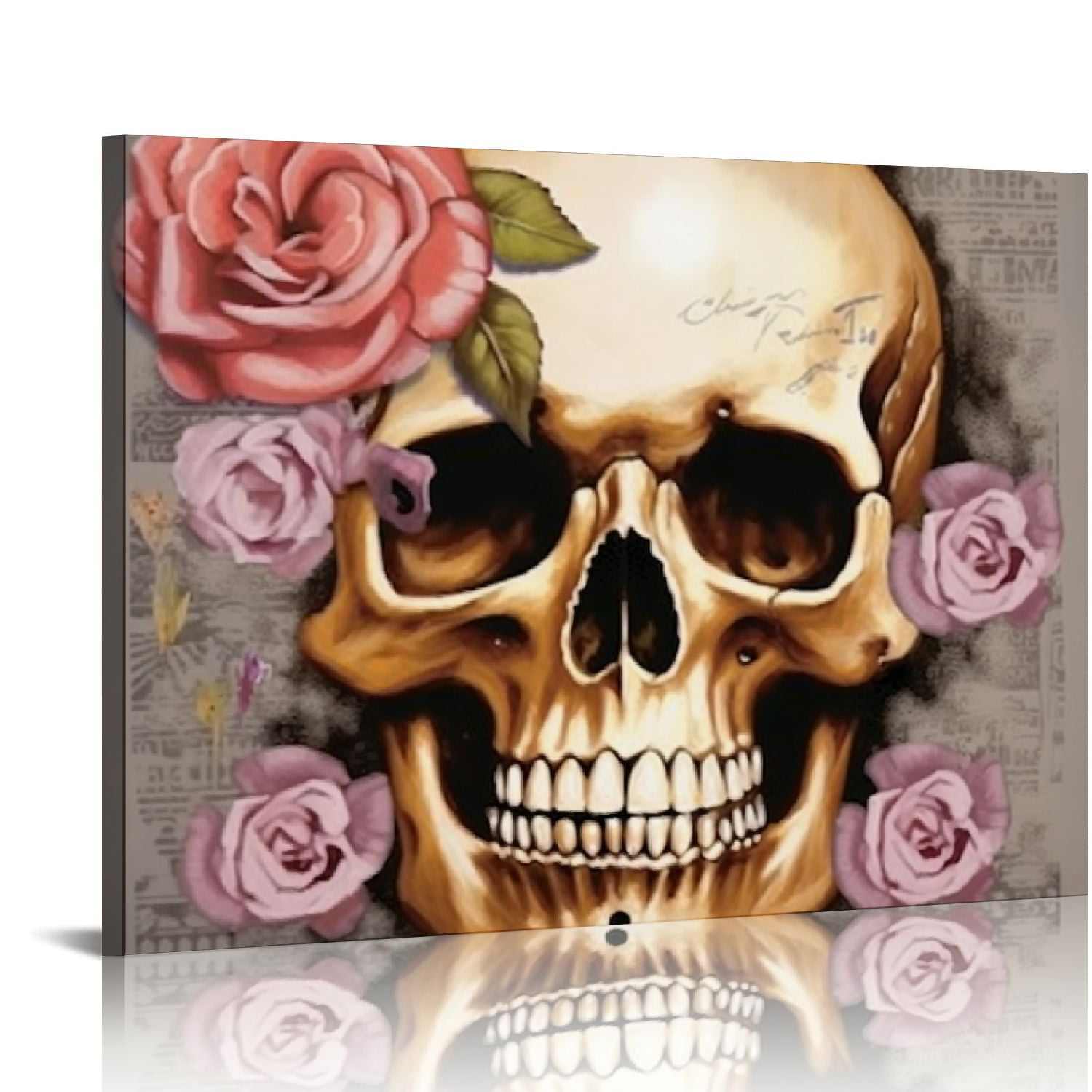 EastSmooth Human Skull Canvas Wall Art Skeleton Head with Pink Rose ...