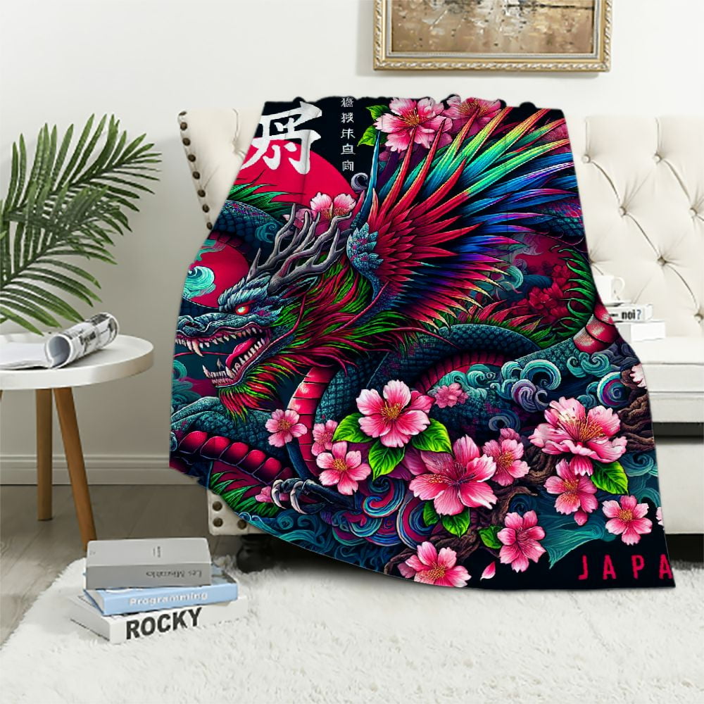 EastSmooth Japanese Dragon Throw Blanket,Abstract Dragon with Cherry ...
