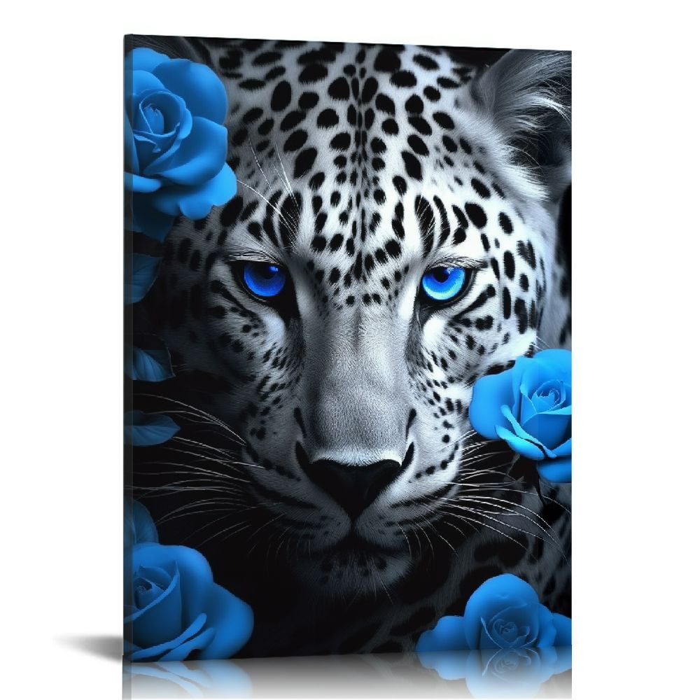 EastSmooth Leopard Framed Canvas Wall Art Blue Eyes and Blue Roses Wall ...