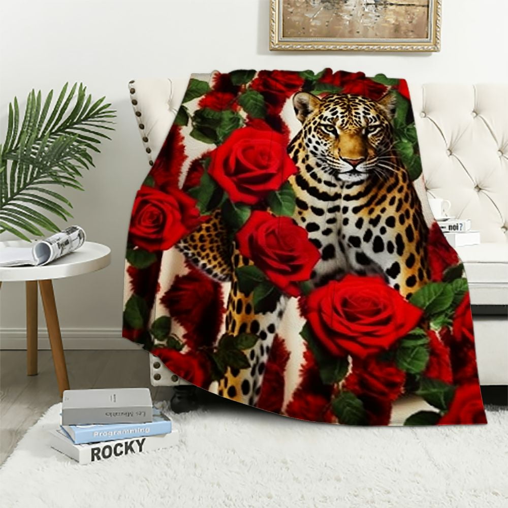 EastSmooth Leopard Print Throw Blanket Rose Flower Plush Blanket for ...