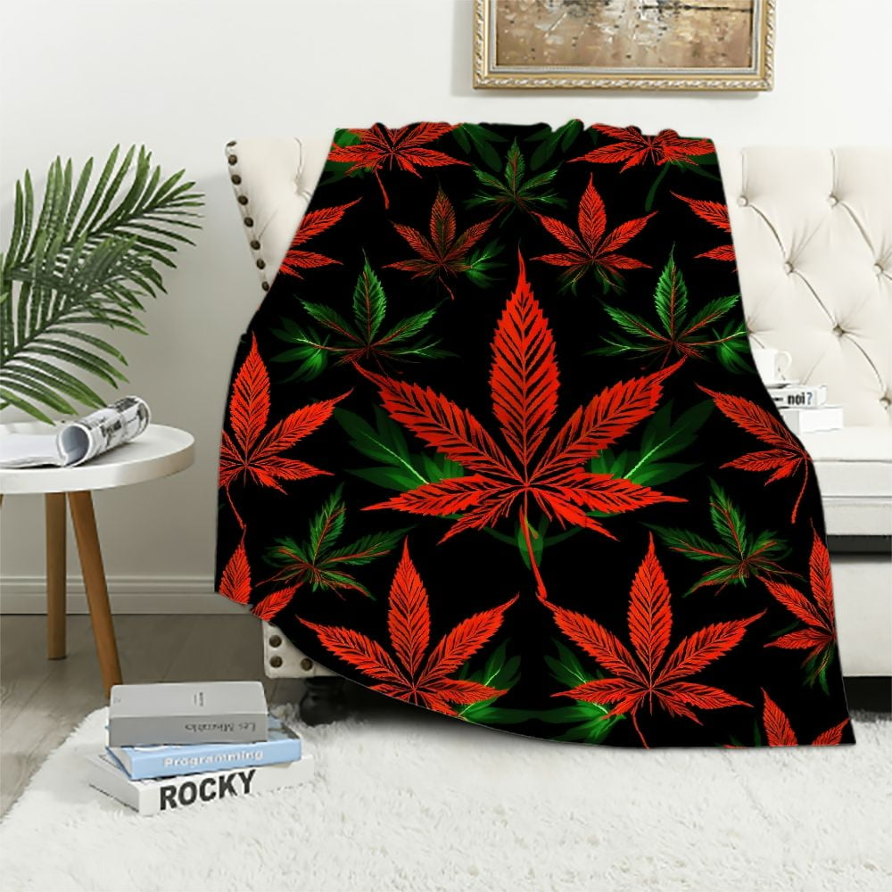 EastSmooth Marijuana Throw Blanket Red Cannabis Leaf Printed Bed Blanket, for Adult Women Teens ...