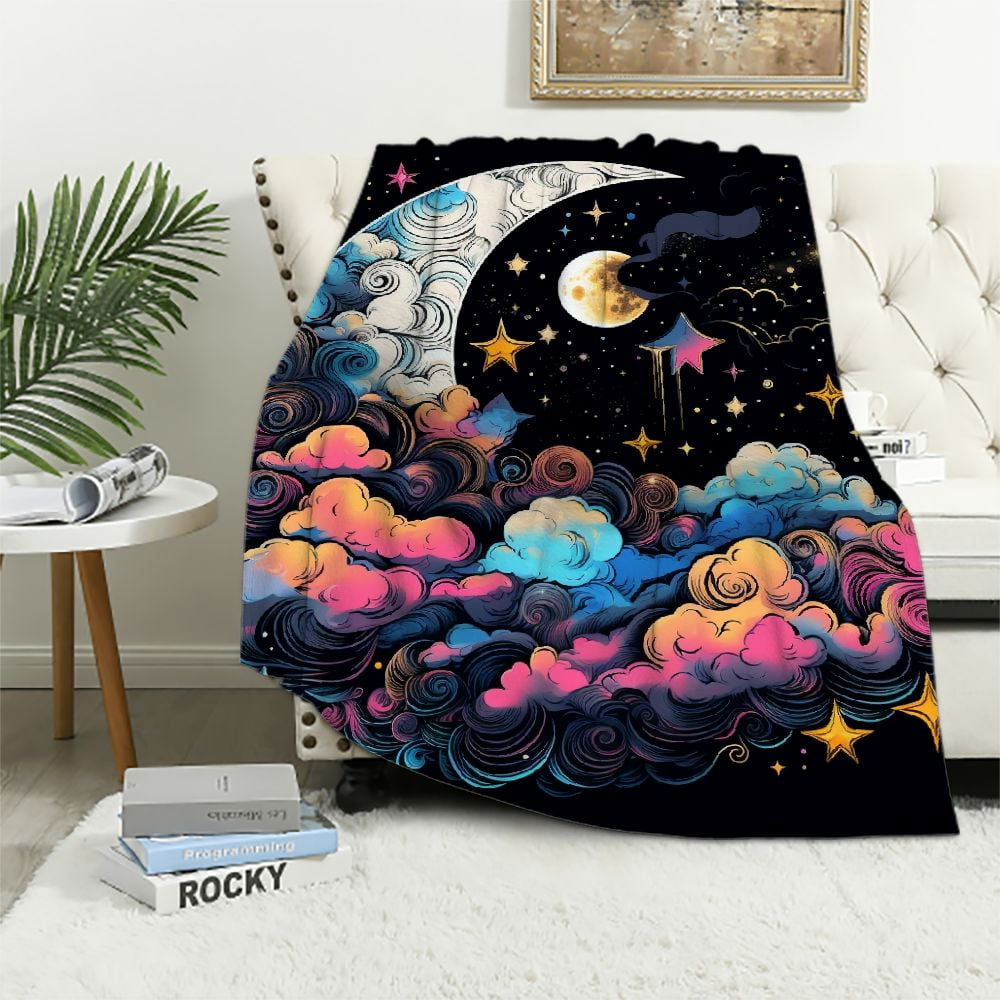 QCPP Moon Blanket for Kids, Moon with Colorful Rainbow Clouds and ...
