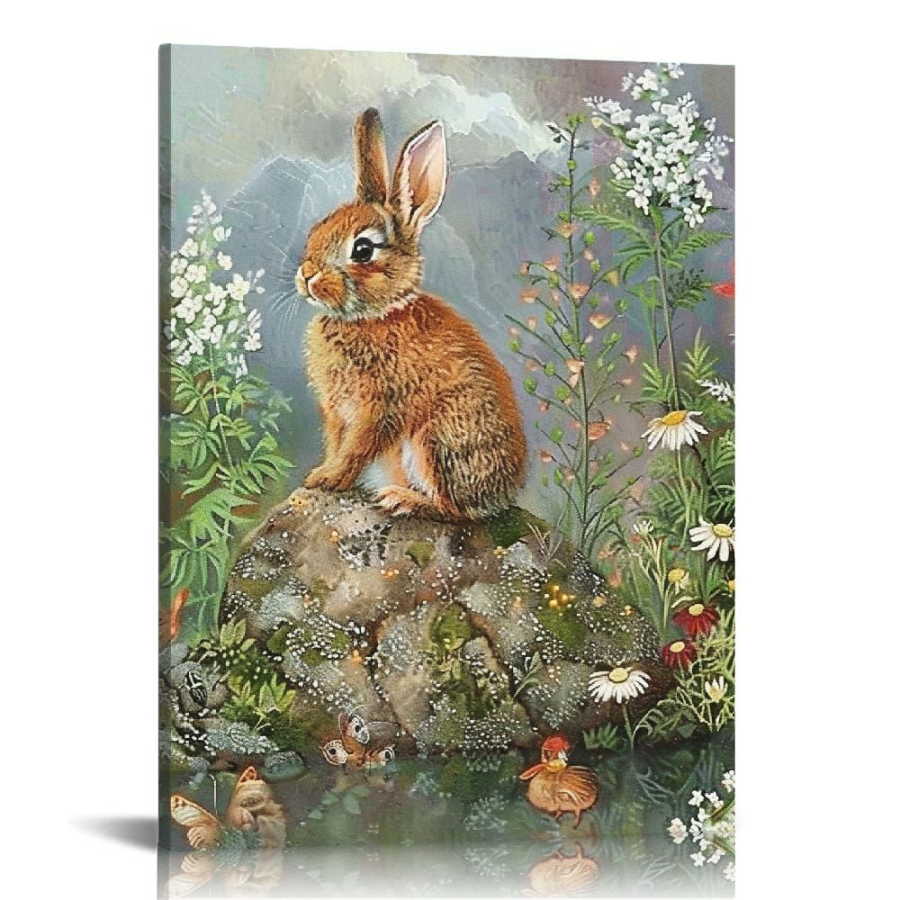 EastSmooth Natural Rabbit Landscape Decor Wall Art Daisy Rabbit Scenery ...