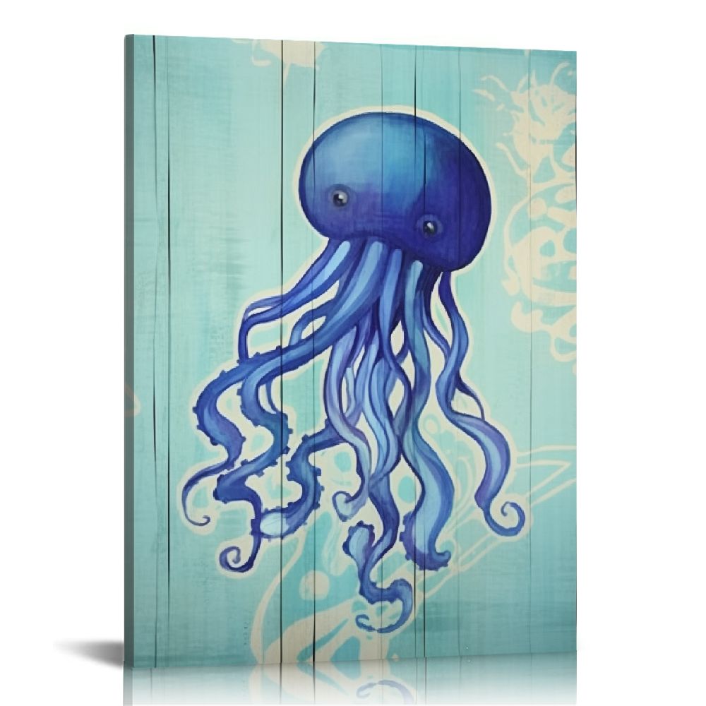 EastSmooth Navy Blue Fish Wall Art Beach Themed Jellyfish Canvas ...