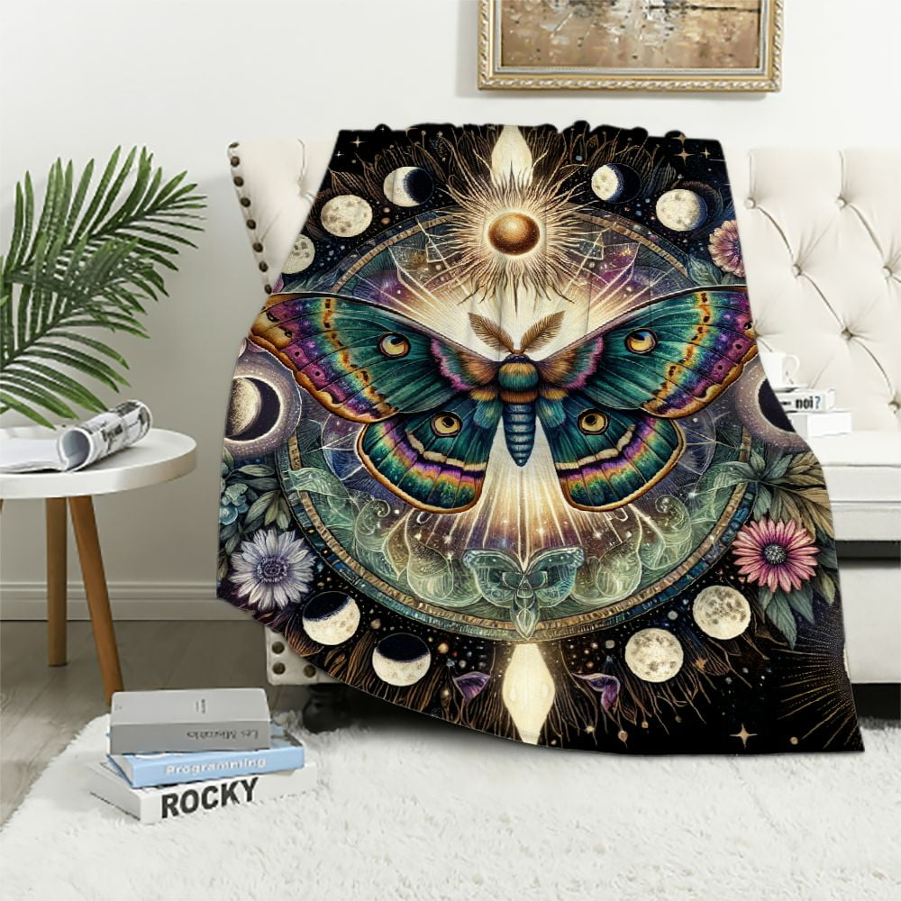 EastSmooth Orange Moth Throw Blanket, Retro Boho Flower Butterfly Sun ...