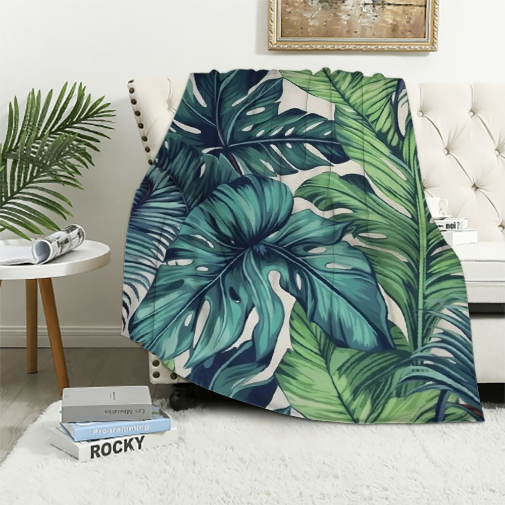 EastSmooth Palm Leaves Throw Blanket Blue Jungle Exotic Plant Pattern ...