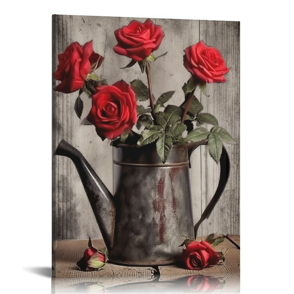EastSmooth Red Rose Canvas Wall Art: Rustic Black White Flower Framed ...
