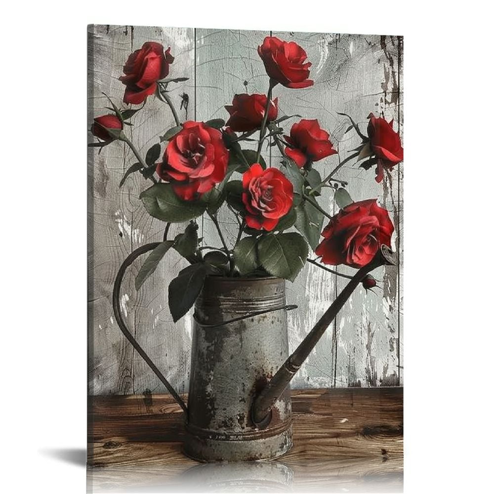 EastSmooth Red Rose Canvas Wall Art: Rustic Black White Flower Framed ...